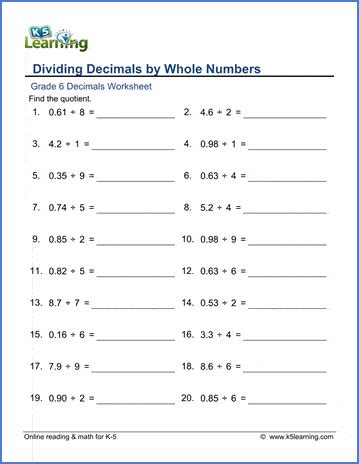 Dividing A Decimal By A Whole Number Worksheets
