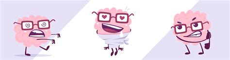 안경에 행복하고 화가 뇌 캐릭터의 창조적 인 그림의 벡터 세트 다른 포즈에 감정적 인 핑크 두뇌의 플랫 낙서 스타일 지식 개념 디자인 교육에 대한 스톡 벡터 아트 및 기타