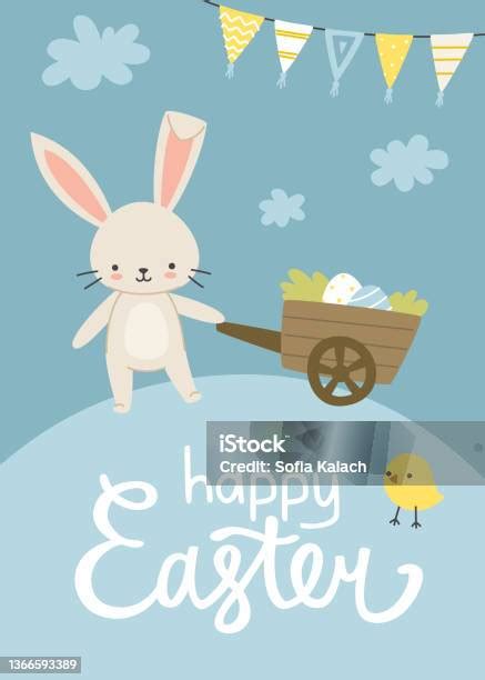 만화 토끼가 그려진 달걀로 수레를 들고 있는 부활절 포스터 귀여운 토끼와 서예 레터가있는 인사말 카드 갈란드 장식품에 대한 스톡 벡터 아트 및 기타 이미지 Istock
