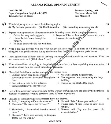 AIOU Old Papers Of Code 1423 English For B A BS