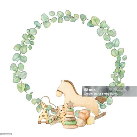 나무 장난감 피라미드 카메라 흔들 목마 큐브 봉제 호랑이 바퀴 달린 기린 유칼립투스 화환에 젖니가 나는 장난감이 있는 베이비 샤워 프레임 손으로 그린 수채화 그림 에코 키즈