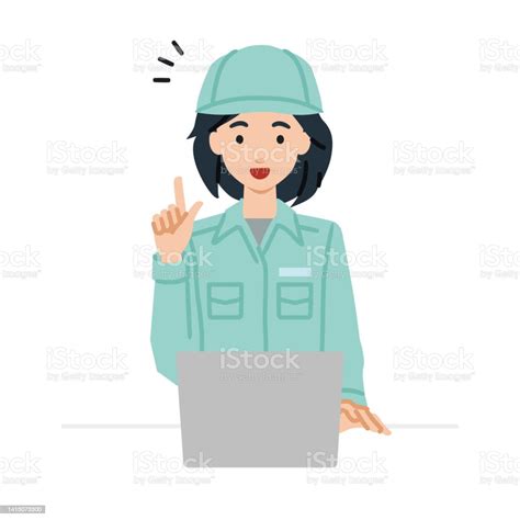 그녀의 책상에서 손 짓을 가리키는 아이디어를 받고 노트북 컴퓨터를 사용하는 블루 칼라 노동자 여성 가리키기에 대한 스톡 벡터