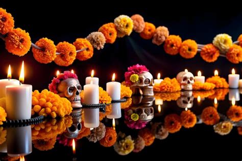 3D Glossy Cempas Chil Garland With Reflective Altar Concept As Wide
