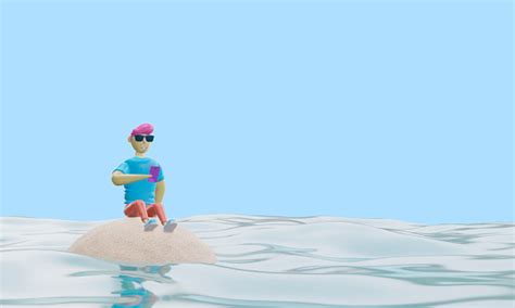 3d 렌더링 손에 전화기를 든 귀여운 남자가 바다 한가운데있는 작은 섬에 앉아 있습니다 3차원 형태에 대한 스톡 사진 및 기타