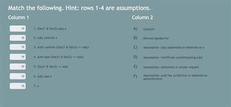 solved match the following hint rows 1 4 are assumptions