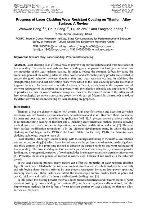 Progress Of Laser Cladding Wear Resistant Coating On Titanium Alloy Surface A Review Request Pdf