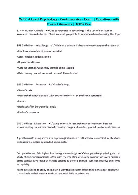 Wjec A Level Psychology Controversies Exam Questions With Correct