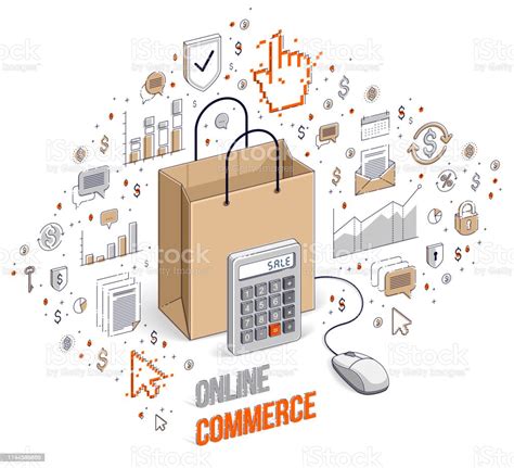 온라인 상점 개념 웹 스토어 인터넷 판매 Pc 마우스가 연결 된 쇼핑 가방 흰색 절연 아이콘 통계 차트 및 디자인 요소와 아이소메트릭 3d 벡터 금융 그림 3차원 형태에