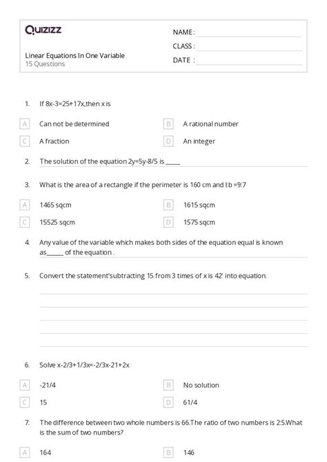 50 Linear Equations Worksheets For 6th Class On Quizizz Free Printable