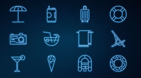 세트 라인 고무 수영 반지 선베드 여행 가방 코코넛 칵테일 사진 카메라 해변 보호 우산 수건 걸이 및 소다 캔 아이콘 벡터 0명에 대한 스톡 벡터 아트 및 기타 이미지