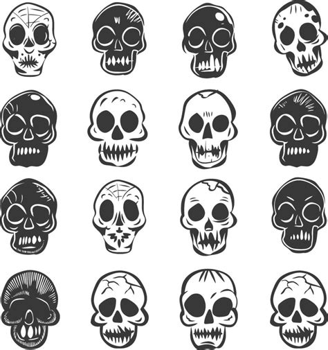 Silhouette Collection Set Hand Drawn Doodle Cute Skull Black Color Only