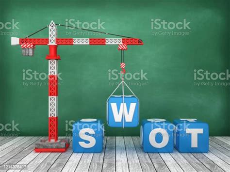 칠판 배경에 Swot 단어가있는 타워 크레인 3d 렌더링 3차원 형태에 대한 스톡 사진 및 기타 이미지 3차원 형태 개선