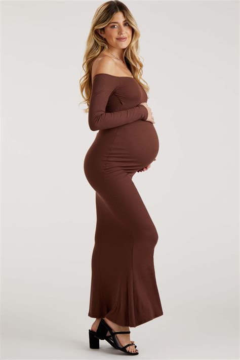 Brown Ribbed Off Shoulder Long Sleeve Maternity Maxi Dress Pinkblush