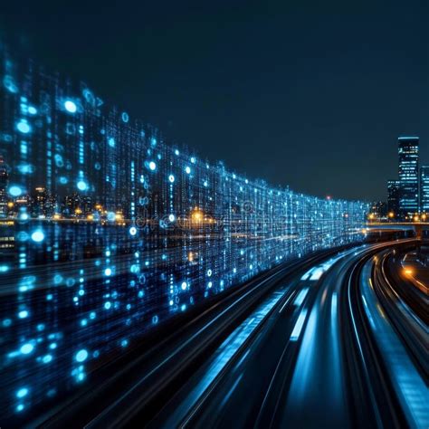 Digital Data Stream Flows On City Night Road Cityscape On Background