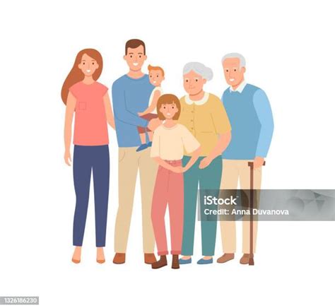 평평한 스타일의 행복한 가족 어머니 아버지 아들 딸 조부모 조부모에 대한 스톡 벡터 아트 및 기타 이미지 조부모 아기