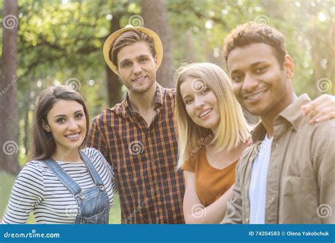 Joyful Guys And Girls Relaxing In Nature Stock Image Image Of Picnic