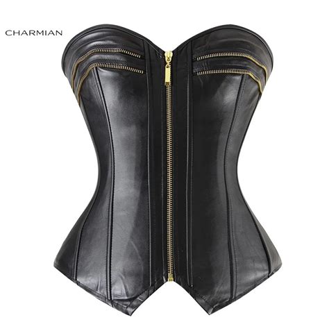 Charmian Womens Sexy Punk Faux Leather Gothic Corset Zipper Overbust