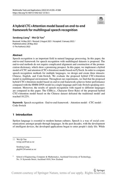 Pdf A Hybrid Ctcattention Model Based On End To End Framework For Multilingual Speech Recognition
