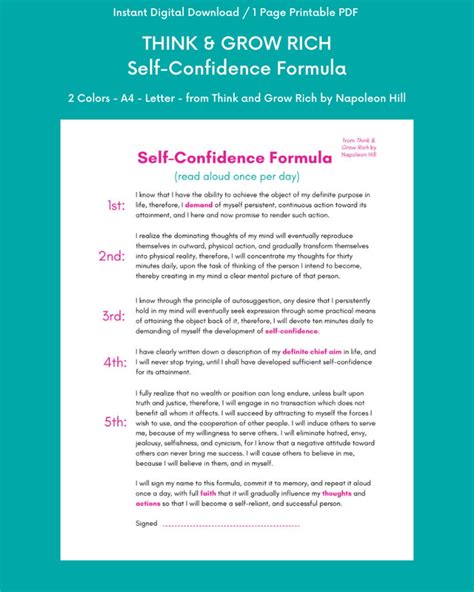 Self Confidence Formula From Think And Grow Rich By Napoleon Etsy