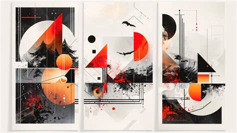 Modern Abstract Art Triptych Featuring Geometric Shapes And Bold Colors Stock Illustration