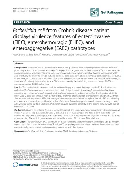 Pdf Escherichia Coli From Crohns Disease Patient Displays Virulence