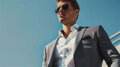 A Man In A Suit And Sunglasses Is Standing In Front Of A Blue Sky