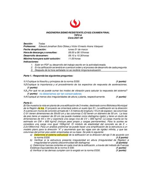 EB 202100 Sismo Examen Final INGENIERIA SISMO RESISTENTE CI183