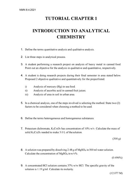 tutorial chapter 1 introduction to analytical chemistry tutorial