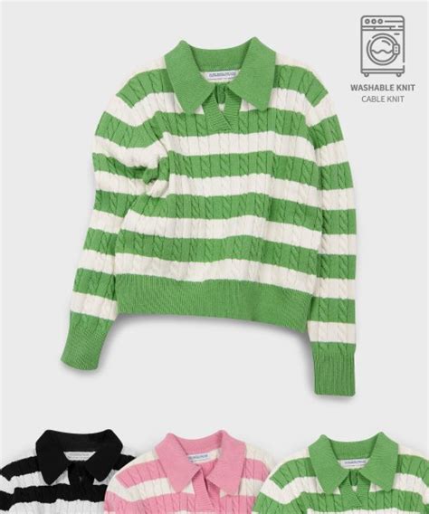 플레이스스튜디오 스트라이프 오버핏 카라 풀오버 케이블 브이넥 니트 위시버킷