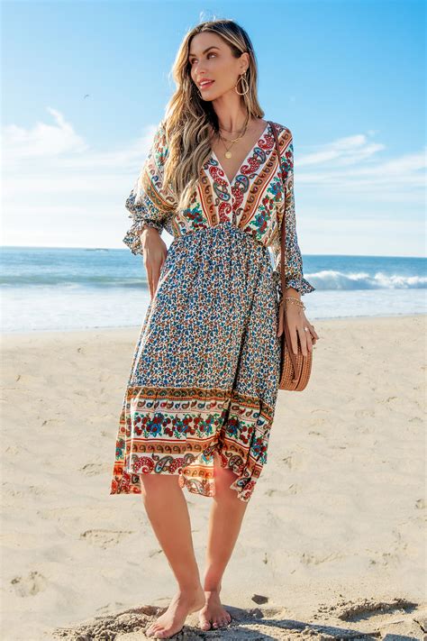 Boho V Neck Half Sleeve Midi Dress