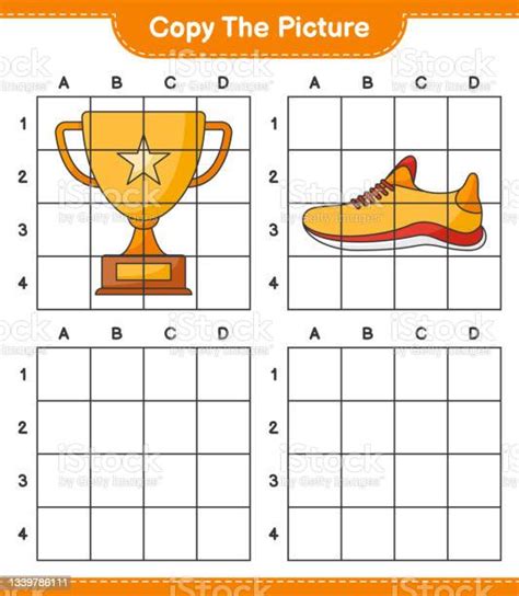 그림을 복사그리드 라인을 사용하여 트로피와 러닝화 사진을 복사합니다 교육 어린이 게임 인쇄 워크 시트 벡터 일러스트레이션 0명에 대한 스톡 벡터 아트 및 기타 이미지