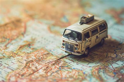 Small Van Car Model On The Map Paper Concept Travel Road Trip