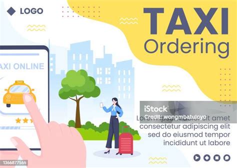 온라인 택시 예약 여행 서비스 브로셔 템플릿 평면 일러스트레이션 소셜 미디어 또는 웹 인터넷에 대 한 사각형 배경의 편집 Brand Name Smart Phone에 대한