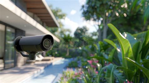 Security Camera Overlooking A Modern Home And Lush Garden High Tech