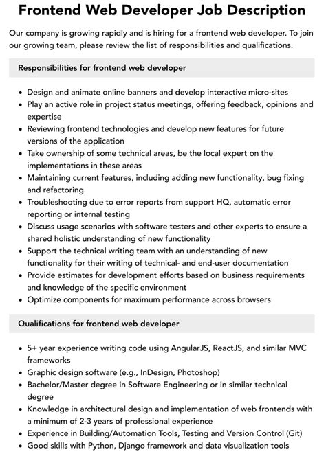 Frontend Web Developer Job Description Velvet Jobs
