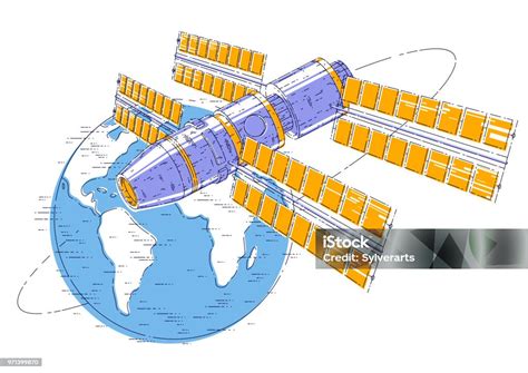 지구 우주 태양 전지 인공 위성 우주선 우주선 Iss 주위를 공전 하는 우주 정거장 얇은 선 3d 벡터 일러스트입니다 경외감에 대한 스톡 벡터 아트 및 기타 이미지 Istock
