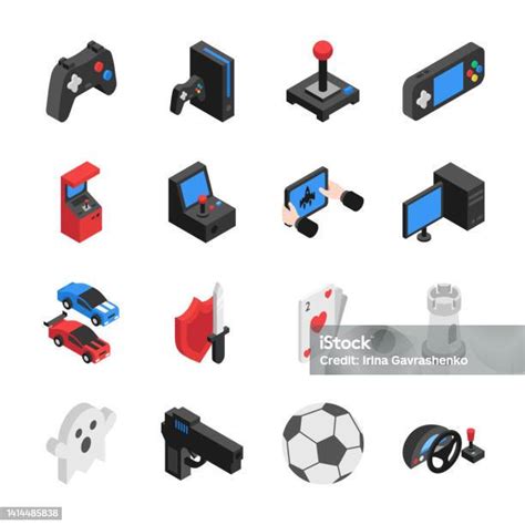 비디오 게임 아이소메트릭 아이콘 세트 게임 콘솔 게임 패드 및 조이스틱 게임 장르 개체 컬렉션입니다 벡터 일러스트 레이 션 아이콘에 대한 스톡 벡터 아트 및 기타 이미지