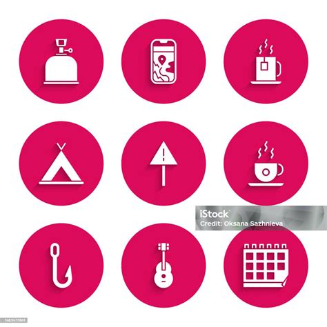 삼각형 기타 달력 커피 컵 낚시 바늘 관광 텐트 티백이 있는 컵 차 캠핑 가스 스토브 아이콘으로 느낌표를 설정합니다 벡터 가방에 대한 스톡 벡터 아트 및 기타 이미지