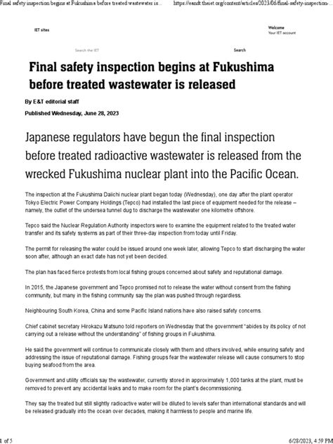 Final Safety Inspection Begins At Fukushima Before Treated Wastewater