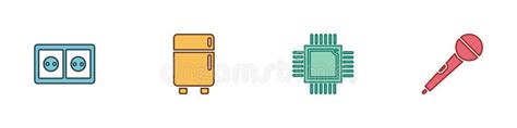 Set Electrical Outlet Refrigerator Processor With Microcircuits Cpu And Microphone Icon