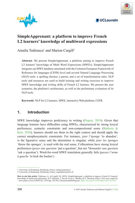 Pdf Simpleapprenant A Platform To Improve French L2 Learners Knowledge Of Multiword Expressions