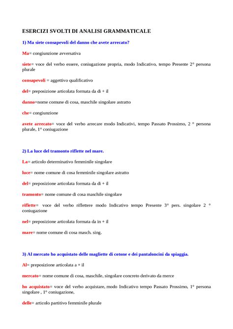 Analisi Grammaticale Esercizio Già Svolto Esercizi Di Italiano