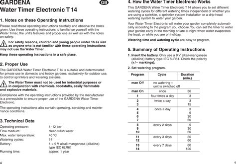Gardena Water Timer Electronic T14 Users Manual Om Gardena T 14 Art 01800 20 2001 11