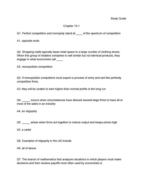 Econ 10 1 Study Guide Study Guide Chapter 10 Q1 Perfect Competition