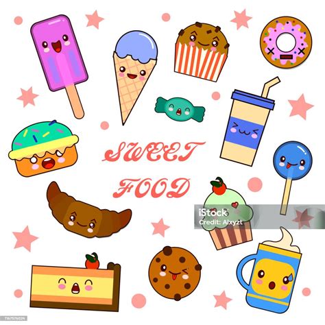 재미있는 디저트 캐릭터의 집합 도넛 크루아상 컵 케이크 케이크 마카롱 흰색 배경에 고립 된 만화 스타일의 일러스트 귀여운 웃는 과자 디저트 캐릭터 감정에 대한 스톡 벡터