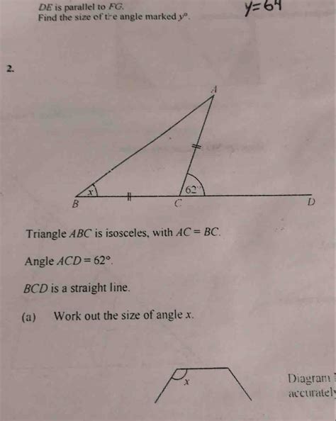 solved de is parallel to fg find the size of tre angle marked y° 2 triangle abc is isosceles
