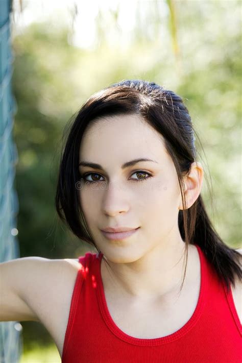 Outdoor Portrait Teen Hispanic Woman Red Top Stock Image Image Of