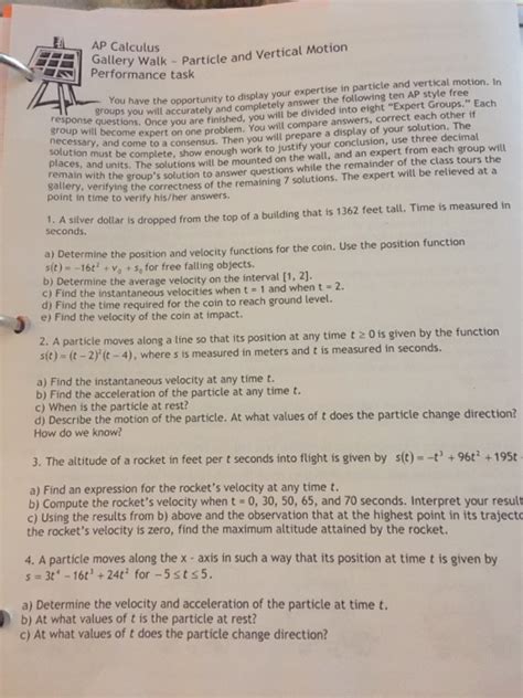 Solved AP Calculus Ery Walk Particle And Vertical Motion Chegg Com