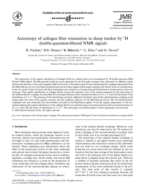 Pdf Anisotropy Of Collagen Fiber Orientation In Sheep Tendon By 1h Double Quantum Filtered Nmr