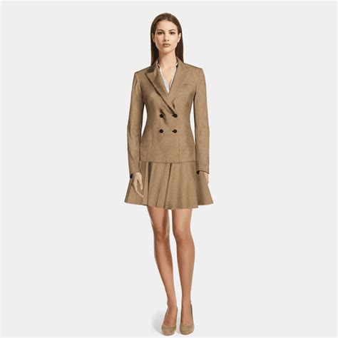 Camel Double Breasted Wool Blend Short Flared Skirt Suit Sumissura